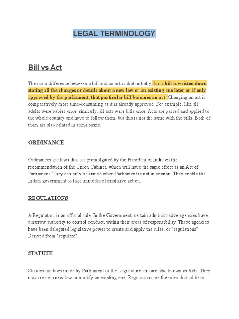 LEGAL TERMS EXPLAINED: BILLS, ACTS AND PRESS LAWS | PDF | Public Sphere | Public Law