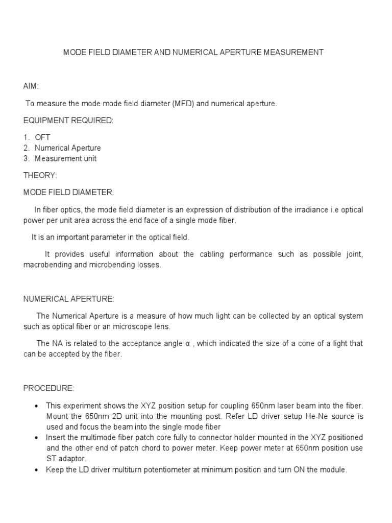 Mode Field Diameter and Numerical Aperture Measurement | PDF | Optical ...