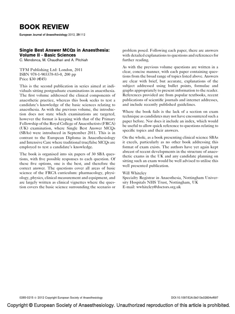 Single Best Answer MCQs in Anaesthesia Volume II.14 | PDF | Medicine ... Single Best Answer MCQs in Anaesthesia Volume II.14 | PDF | Medicine ...
