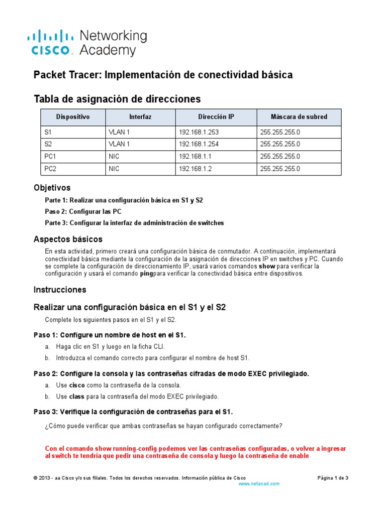 2.7.6 Packet Tracer - Implement Basic Connectivity | PDF | Dirección IP | Conmutador de red