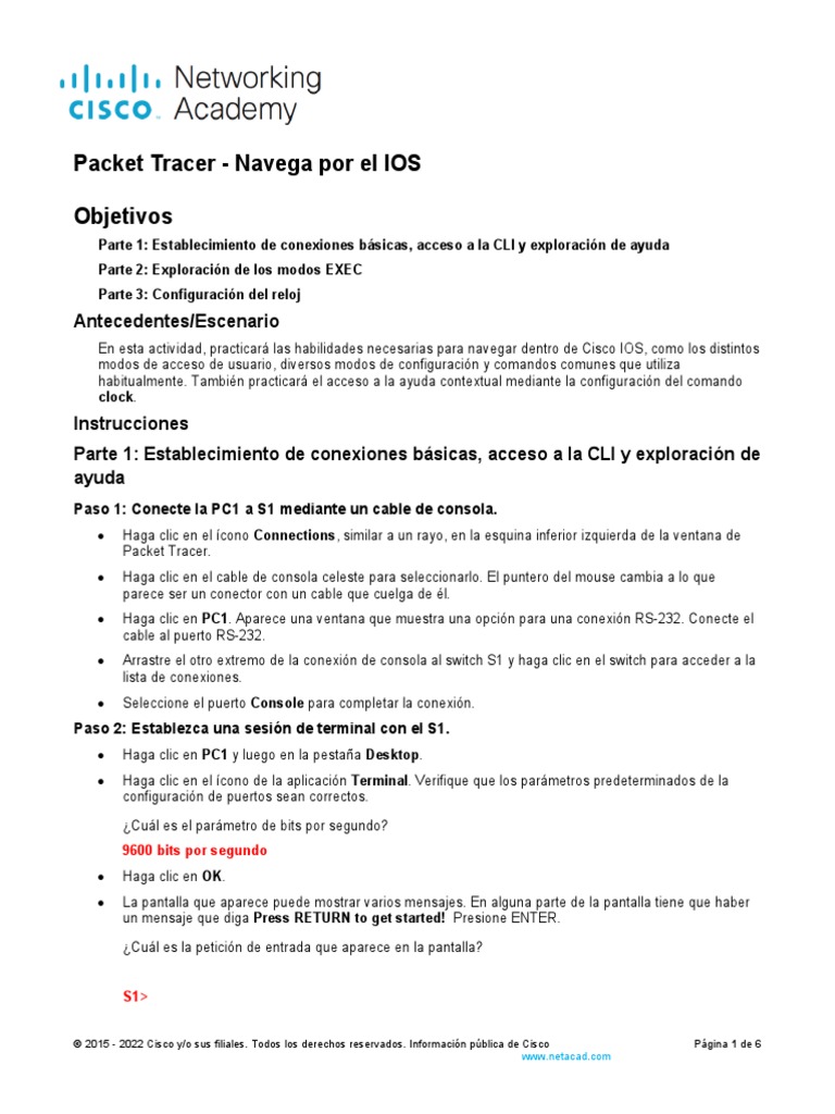 2.3.7 Packet Tracer - Navigate The IOS | PDF | Interfaz de línea de comando | Ventana (informática)