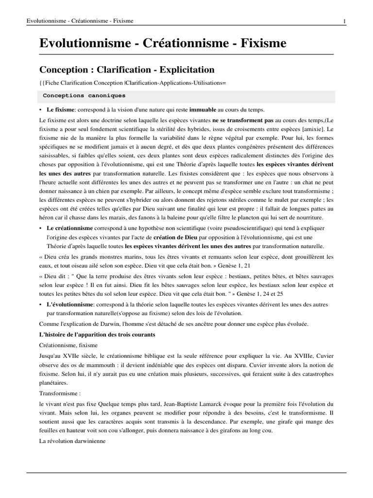 Fixisme : Définitions et Théories | PDF | Évolution | Créationisme