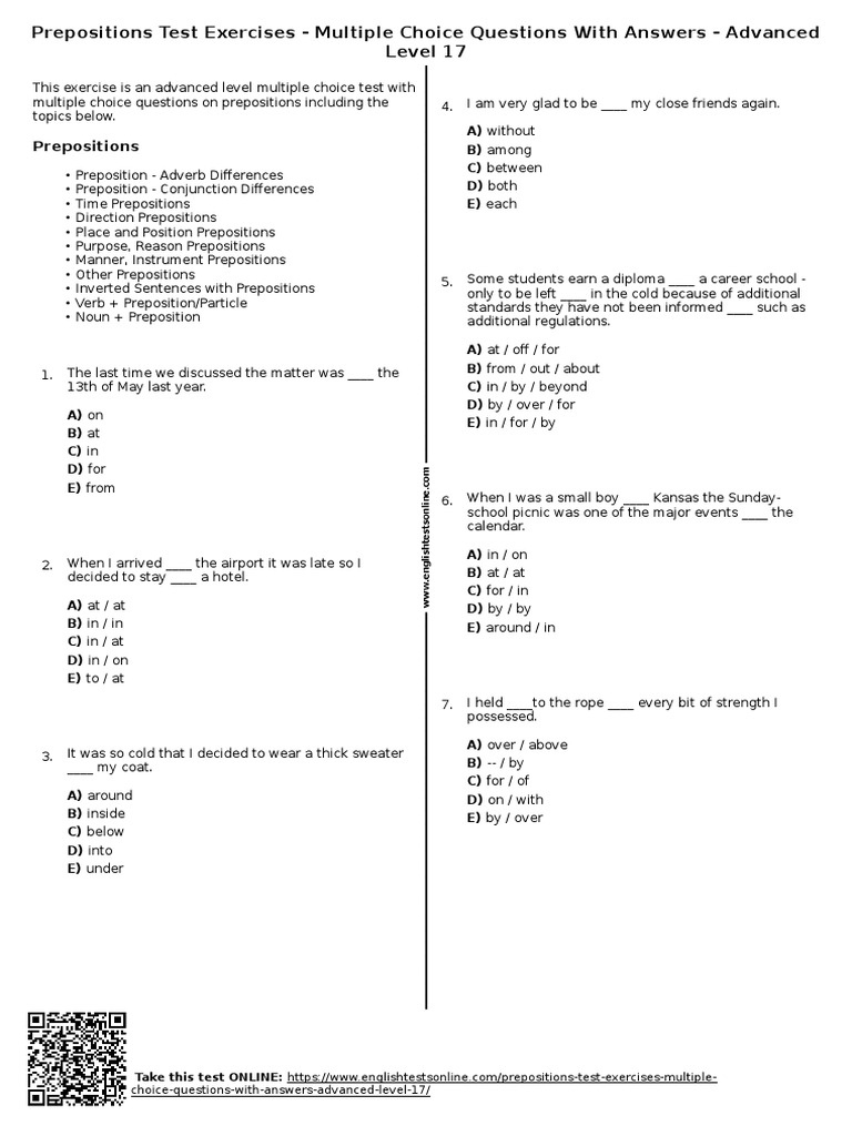 Advanced Prepositions MCQ Test | PDF | Preposition And Postposition ...