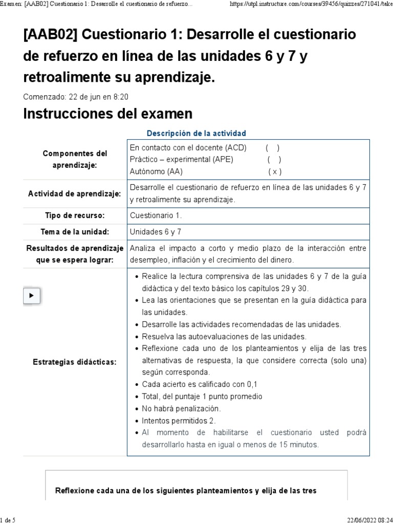 Examen (AAB02) Cuestionario 1 Desarrolle El Cuestionario de Refuerzo en ...