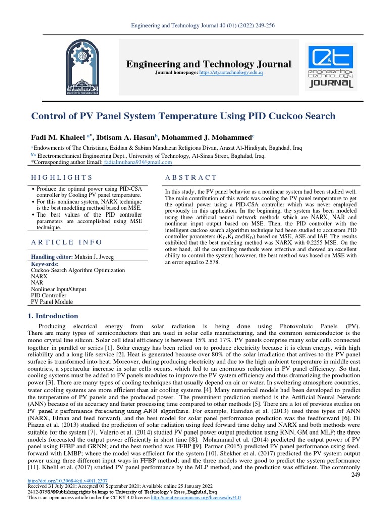 Control Of Pv Panel System Temperature Using Pid Cuckoo Search Pdf Photovoltaics Control 5670