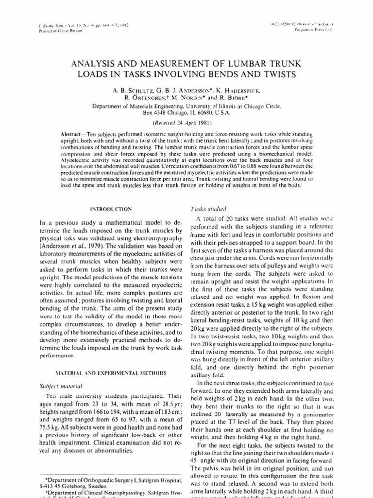 Schultz-Analysis and Measure Lumbar Loads Bends and Twists-1982 | PDF ...