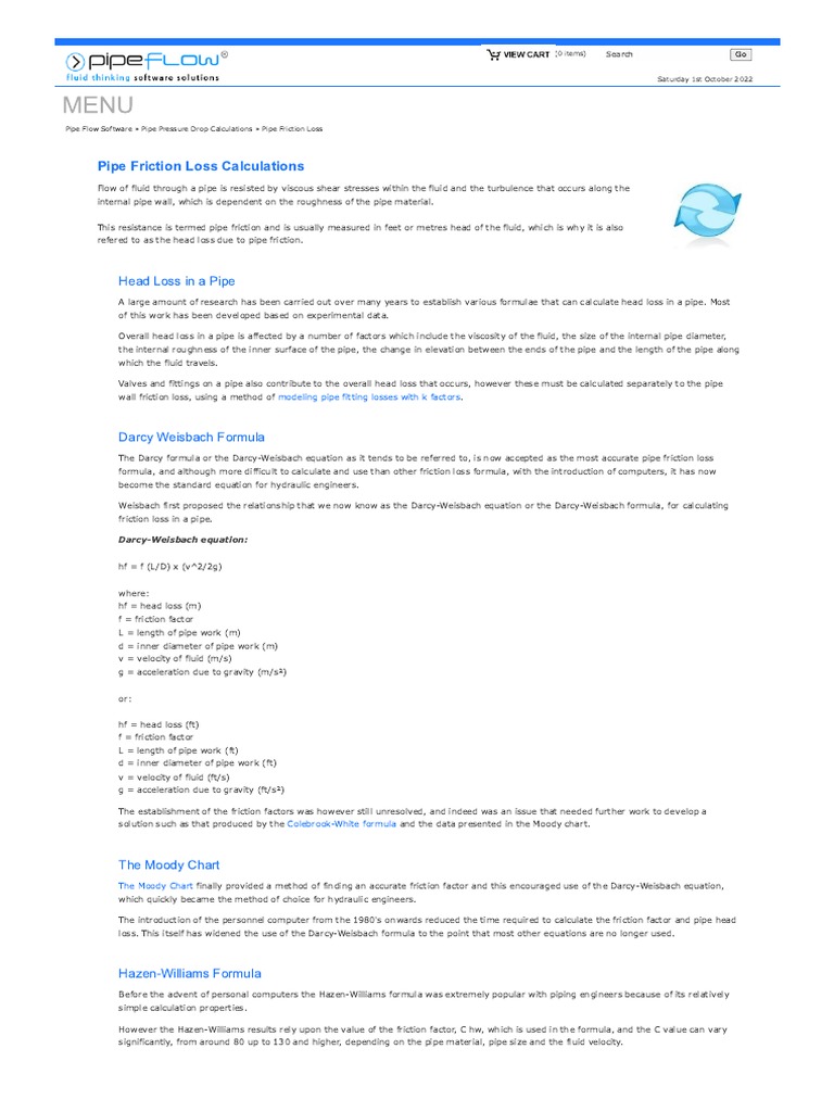 Pipe Friction Loss Calculations | PDF