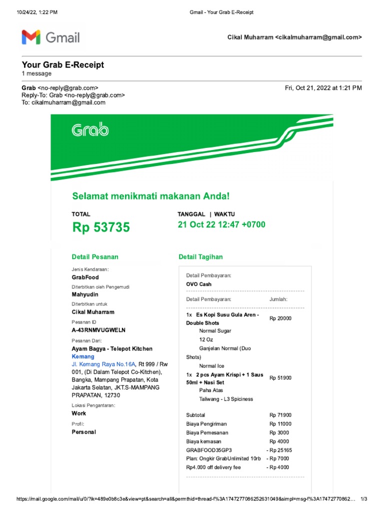 Gmail Your Grab E Receipt PDF