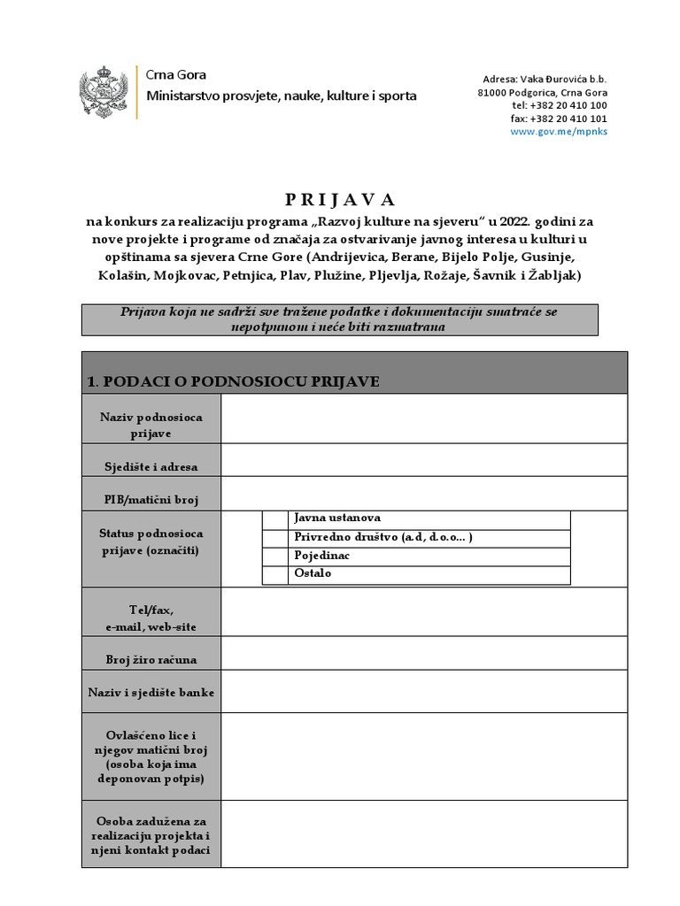 Prilog 1 Prijava Za Sjever Za Projekte Iz Opstina Na Sjeveru CG 2022 | PDF