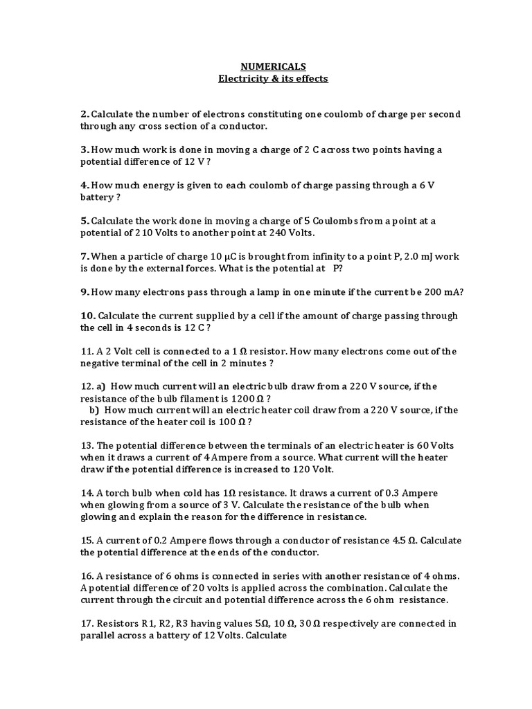 NUMERICALS On Electricity-10 | PDF | Series And Parallel Circuits | Volt