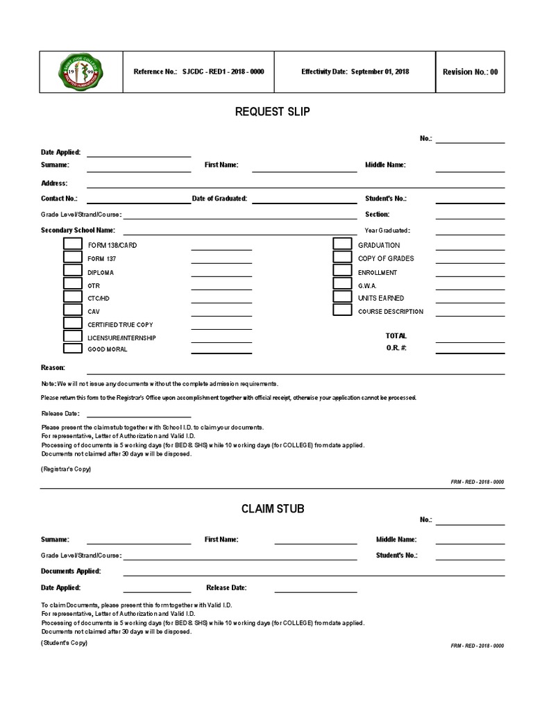 Request Slip | Download Free PDF | Identity Document