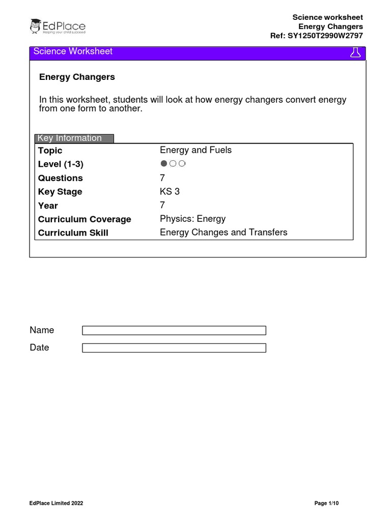 Energy Changers Worksheet | PDF | Kinetic Energy | Heat