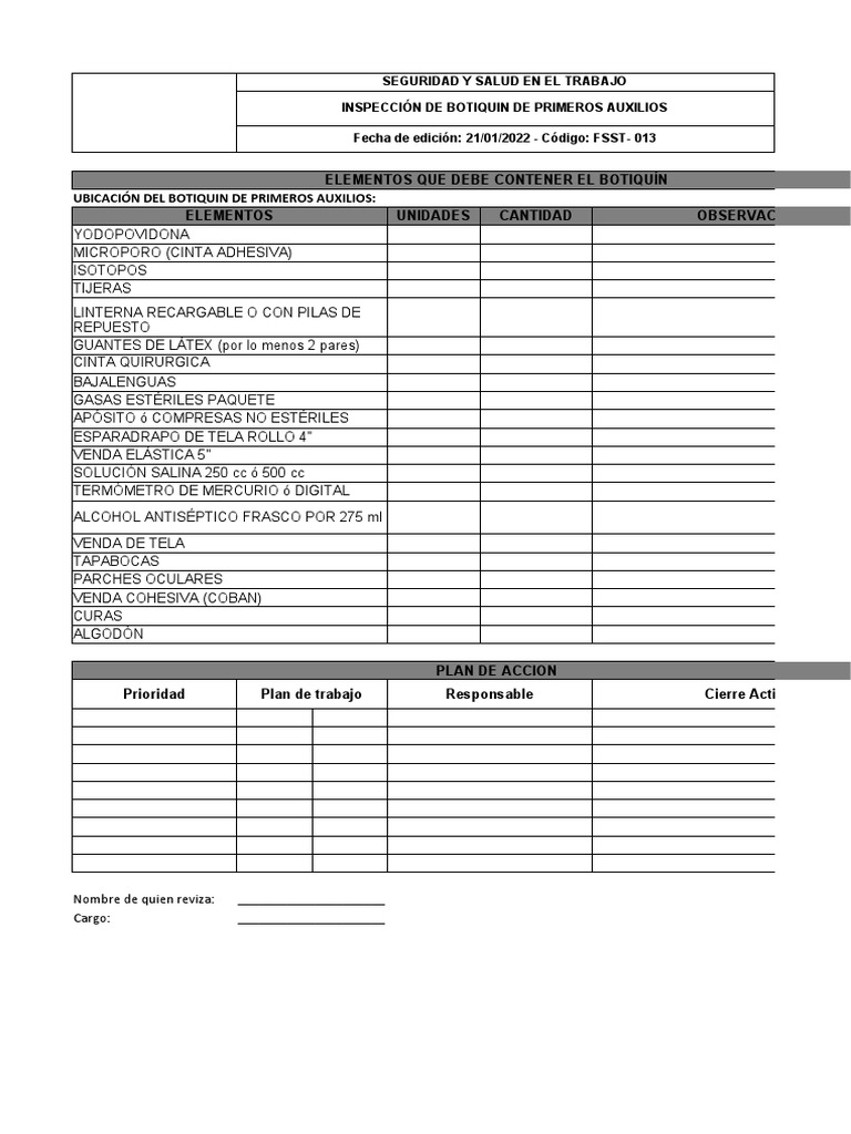FSST - Inspeccion de Botiquin de Primeros Auxilios | PDF