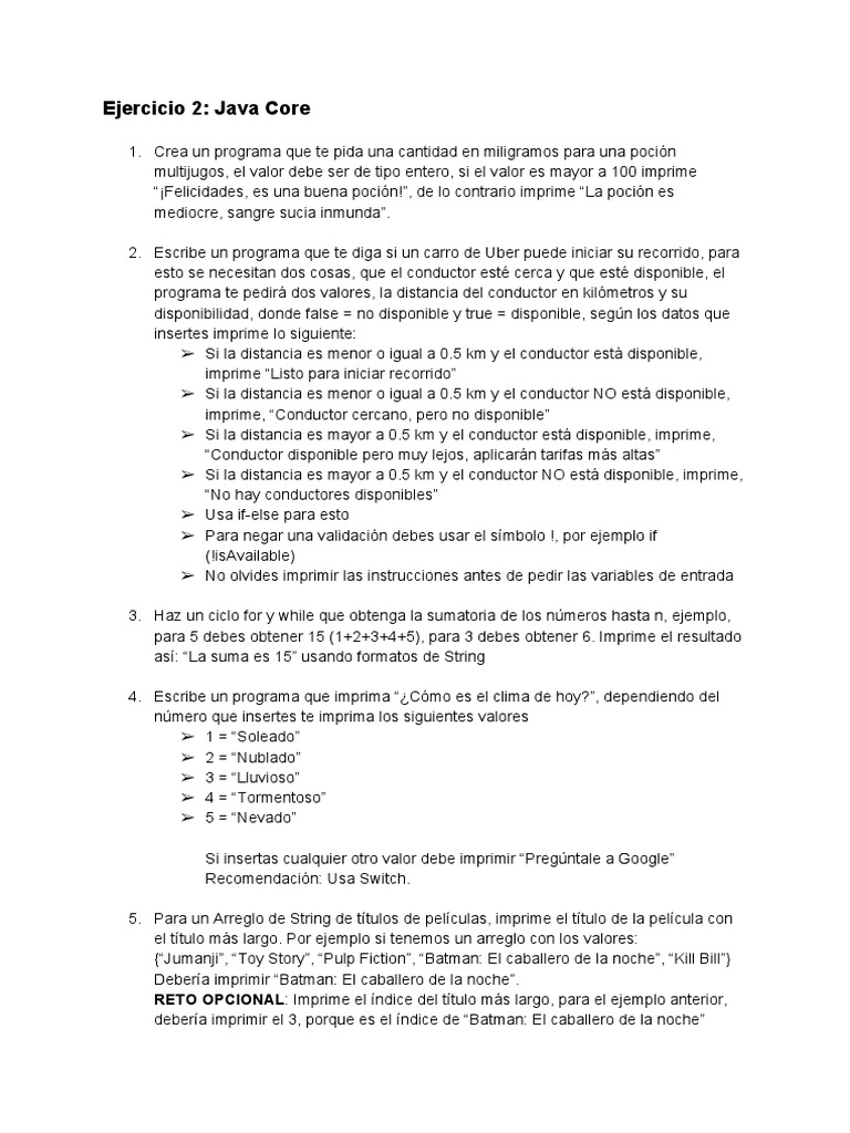 Ejercicios prácticos de programación básica en Java | PDF ...
