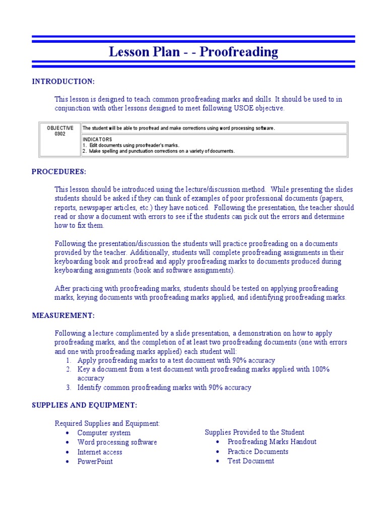 Proofreading Skills Lesson Plan | PDF | Proofreading | Lesson Plan