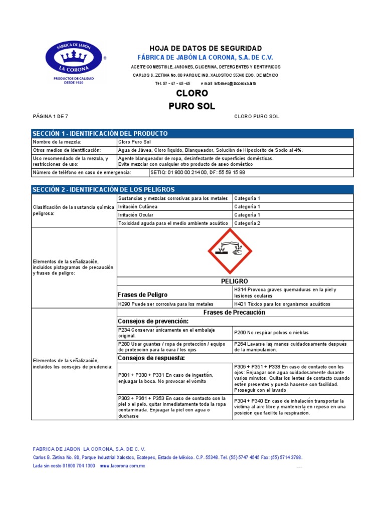 8218 Cloro Puro Sol Hds | PDF | Cloro | Agua