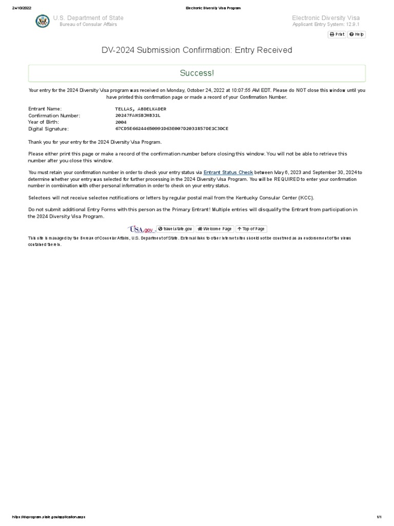 DV-2024 Entry Confirmation Number 20247FAHSBJHB31L | PDF | Travel Visa ...