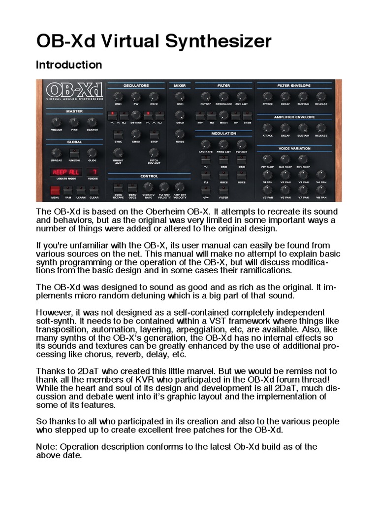 OB-Xd Manual | PDF | Pitch (Music) | Synthesizer