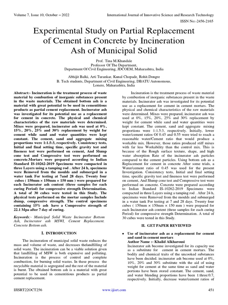 Experimental Study On Partial Replacement of Cement in Concrete by ...