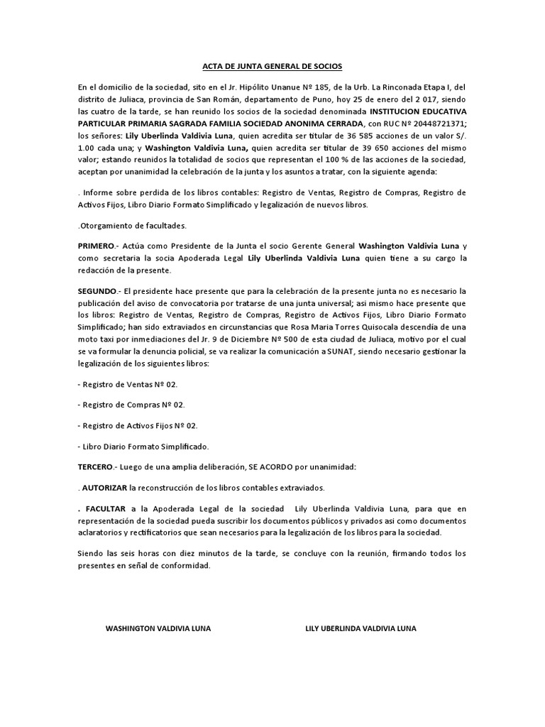 ACTA de SOCIOS Perdida Libros | PDF