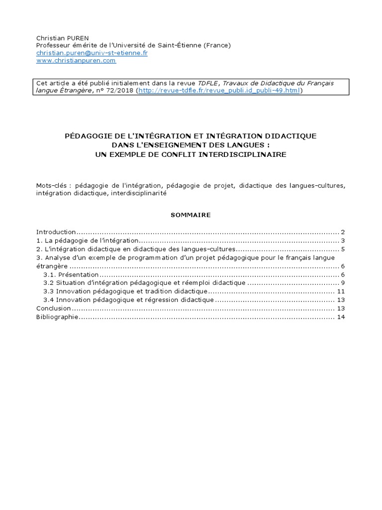 PUREN - 2018e Pédagogie Intégration Vs Integration Didactique | PDF | Pédagogie | Méthode d ...