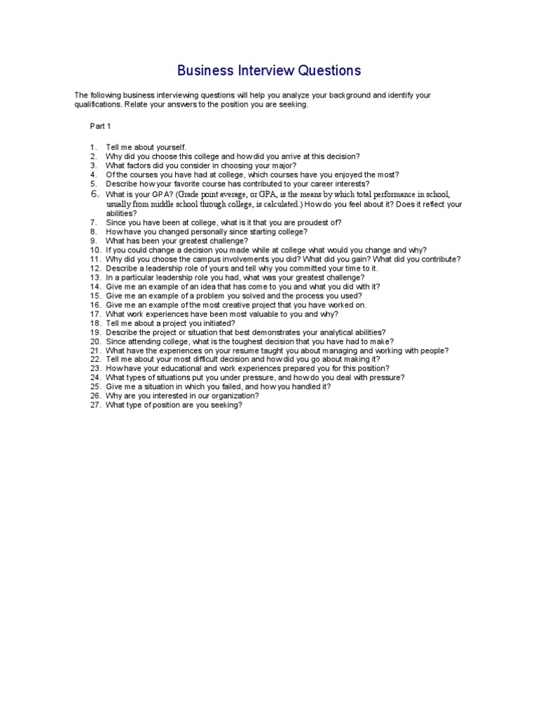 Business Interview Questions | PDF | Grading (Education) | Leadership
