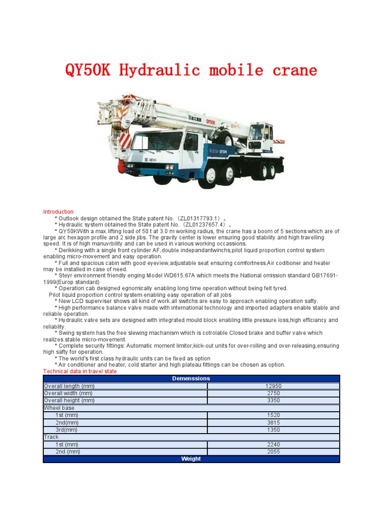 QY50K mobile crane specifications | PDF | Crane (Machine) | Land Vehicles