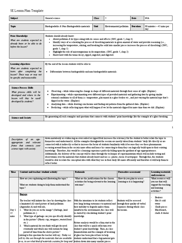 5E LP, Example | PDF | Biodegradation | Teachers