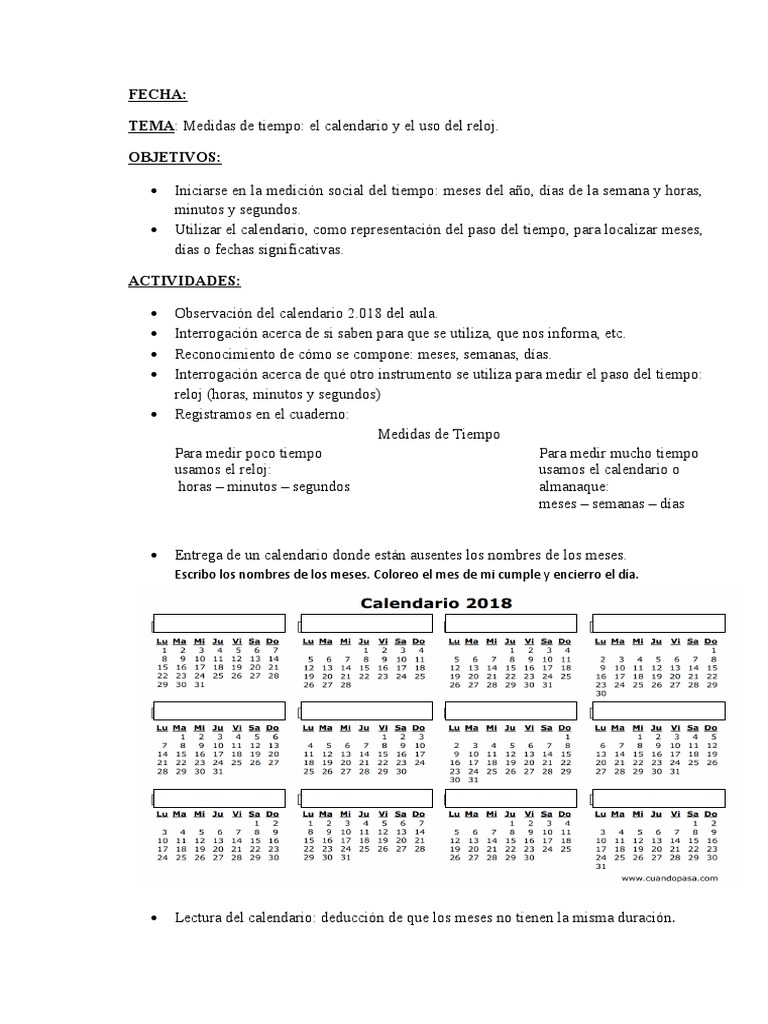 Medición del Tiempo: Meses y Reloj | PDF | Artes del Lenguaje y ...
