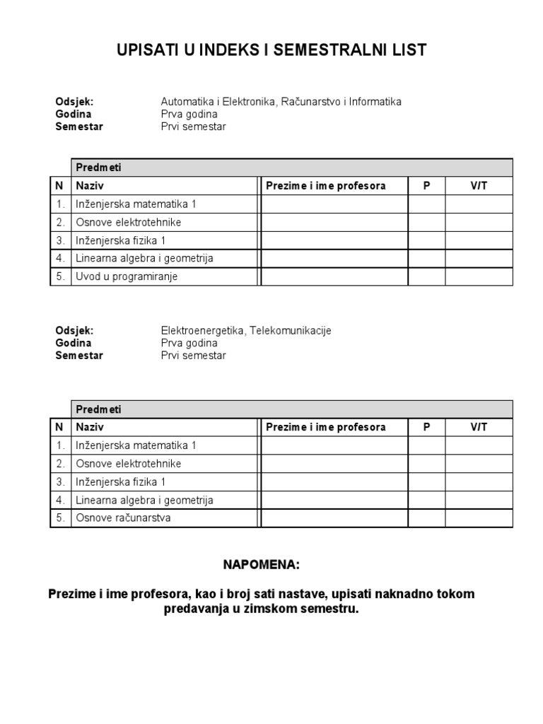 Uputstvo Za Popunjavanje Indeksa I Semestralnog Lista - Prvi Ciklus ...