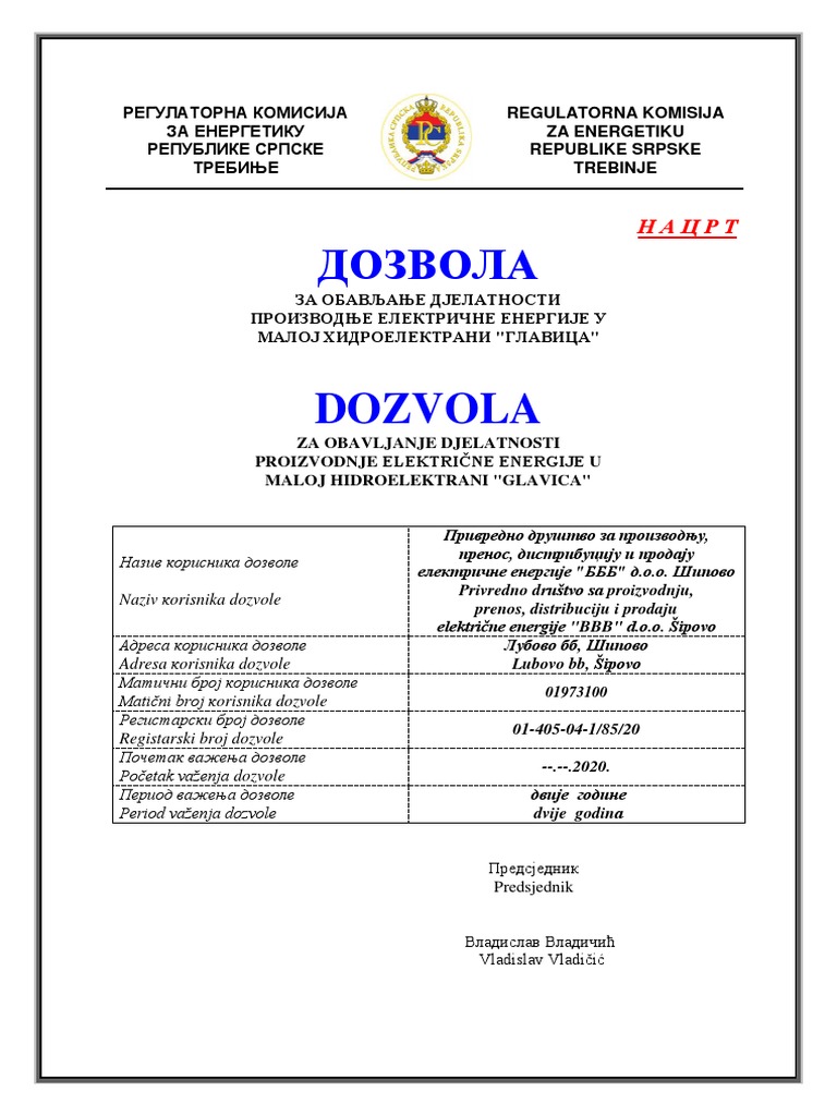 Nacrt Dozvole Za Proizvodnju Elektricne Energije Mhe Glavica | PDF