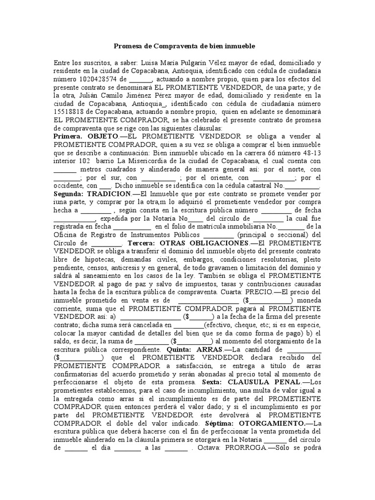 Modelo de Promesa de Compraventa de Bien Inmueble | PDF | Derecho civil (sistema legal) | Justicia