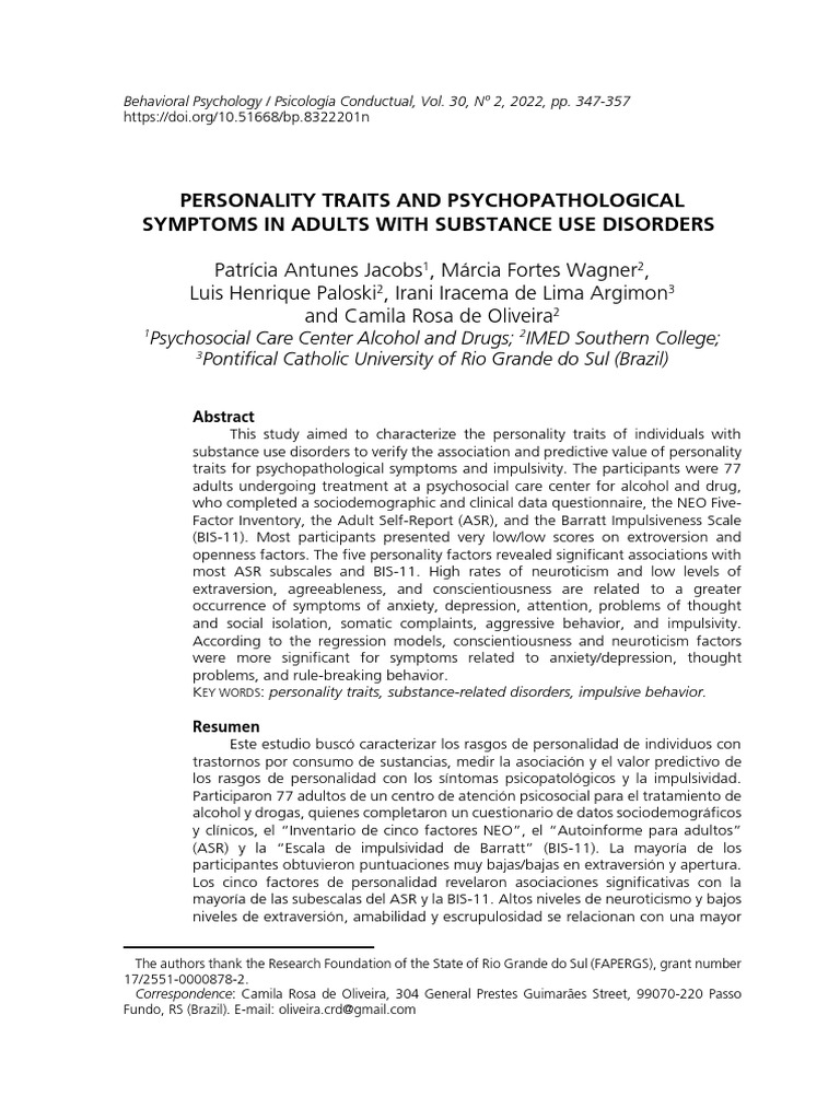 Personality traits predict psychopathology and impulsivity in substance users | PDF | Substance ...