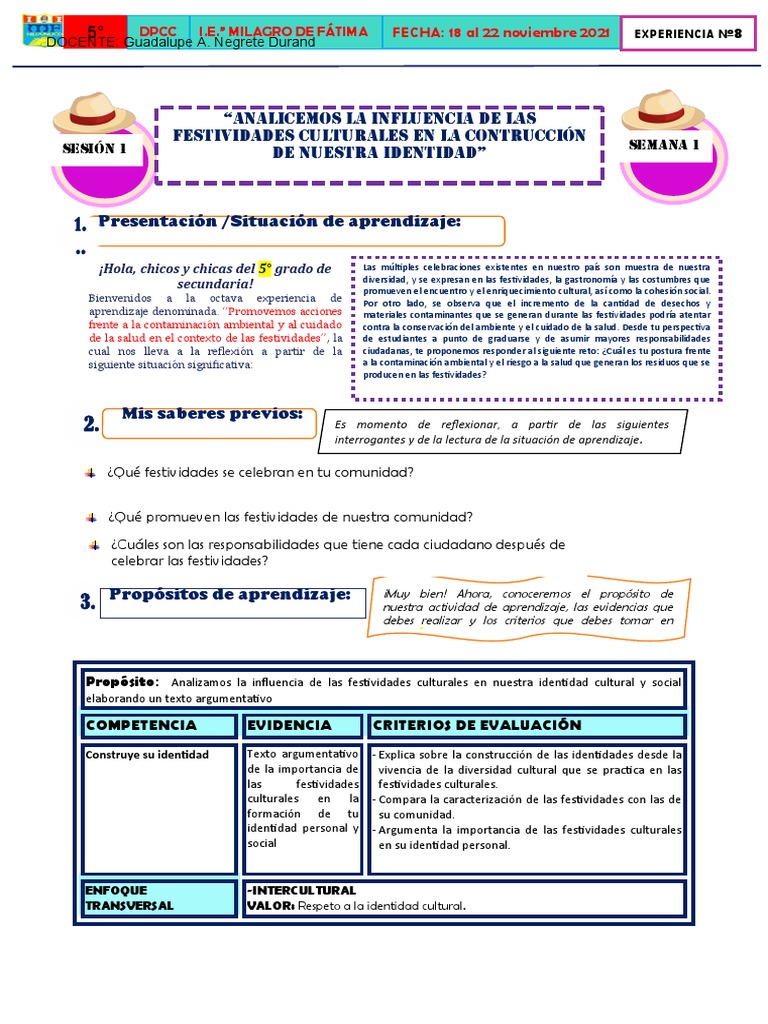 1.act. de Aprendizaje N°8 - DPCC 5° | PDF