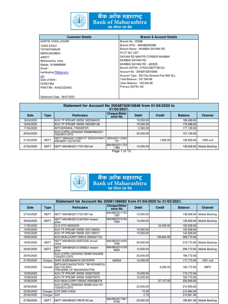 Kartik Vivek Johar Bank Statement | PDF | Debits And Credits | Banks