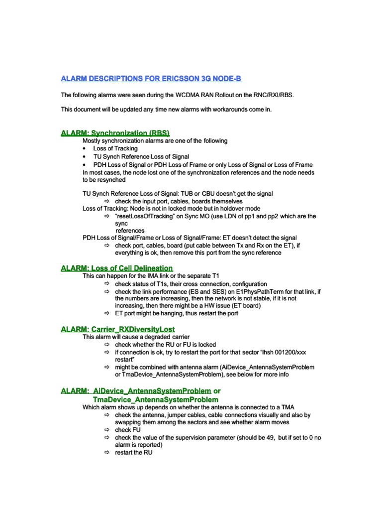 Alarm Descriptions For Ericsson 3g Node B | PDF | Information And ...