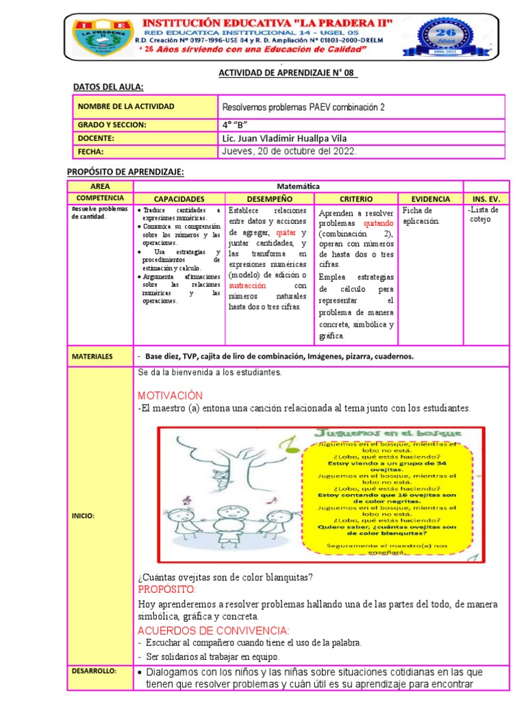 SESIÓN DE APRENDIZAJE #08 Resolvemos Problemas PAEV Combinación 2 | PDF | Aprendizaje | Matemáticas
