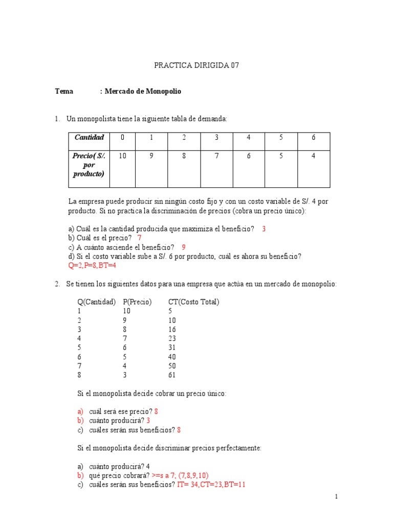 Practicas Dirigidas Solucionario 7 Monopolio | PDF | Monopolio | Mercado (economía)