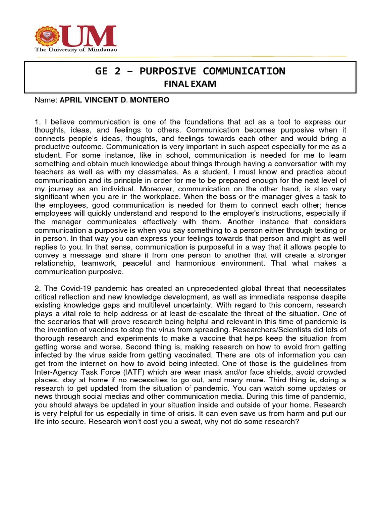 Ge2 Final Exam | Download Free PDF | Communication | Pandemic