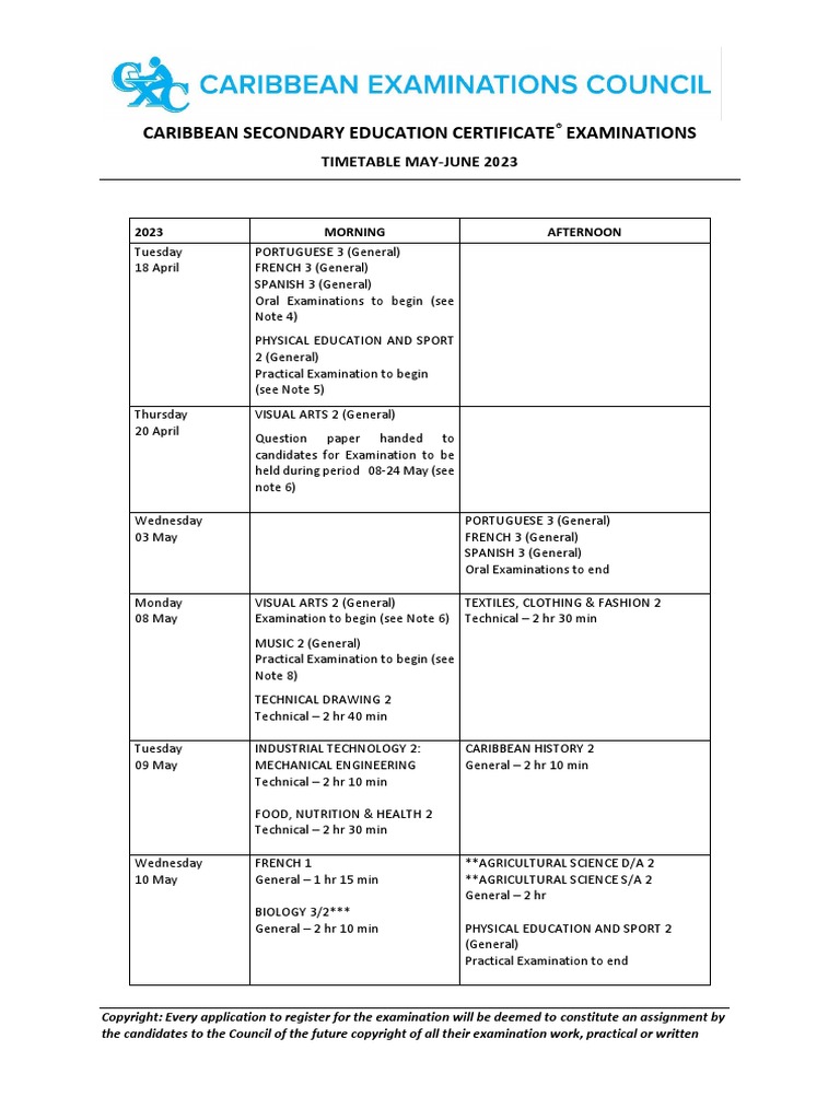 Timetable-CSEC May-June2023 FINAL 17october2022 | PDF | Test ...