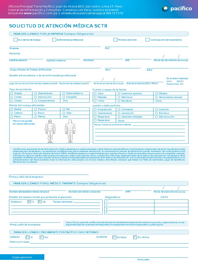 FORMATO - Solicitud de Atención Única SCTR - Pacifico | PDF | Quemar | Historial médico
