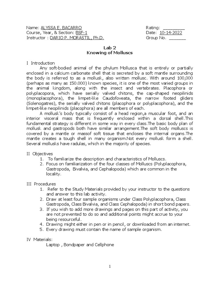 Lab 2 - Mollusca | PDF | Mollusca | Bivalvia