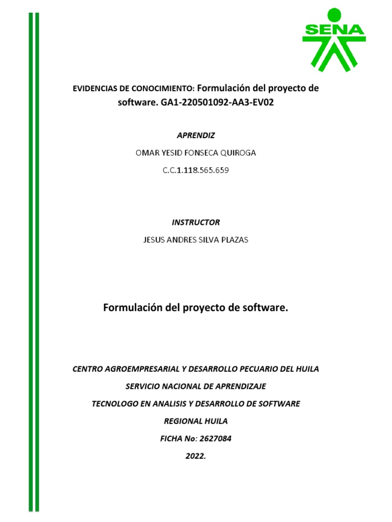 Formulación Del Proyecto de Software. GA1-220501092-AA3-EV02 | PDF ...