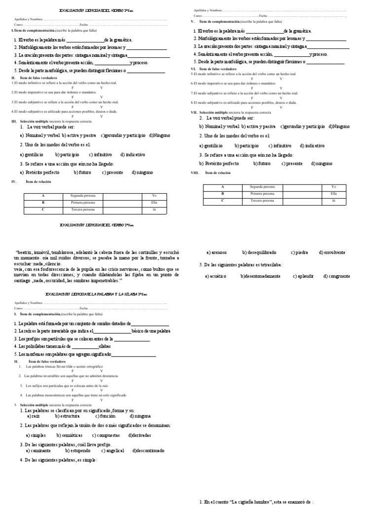 EVAL 1° El Verbo | PDF | Verbo | Tipología Lingüística