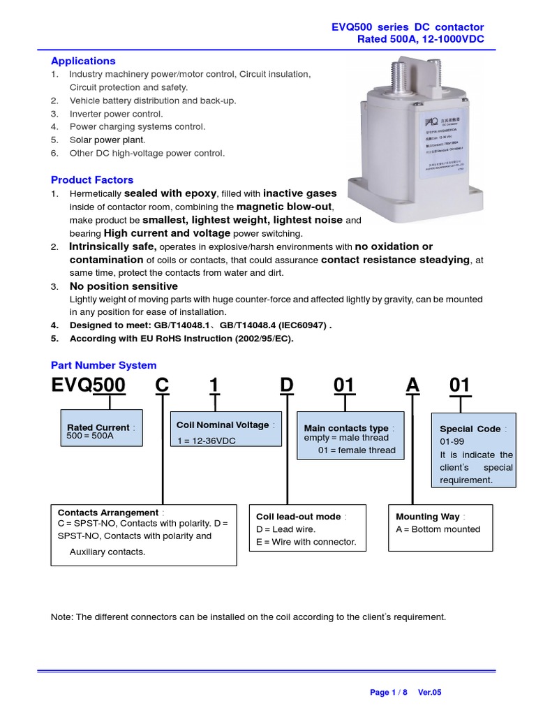 EV500 Series DC Contactor | PDF | Inductor | Switch