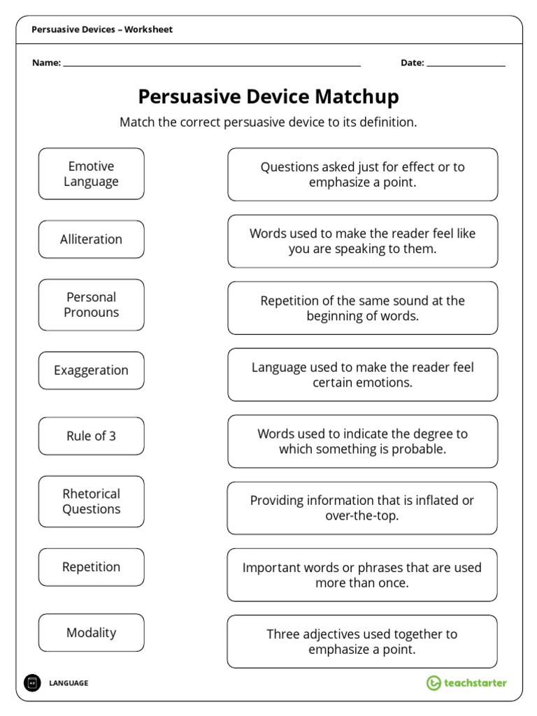 Persuasive Devices Matching Worksheet | PDF | Word | Question