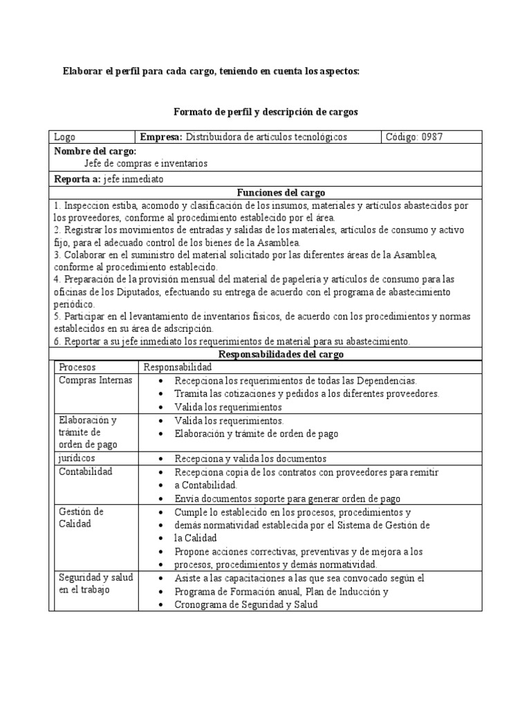 Formato de Perfil y Descripción de Cargos - Compras | PDF ...
