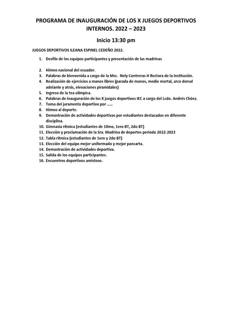 Programa de Inauguracion Juegos Deportivos | PDF | Asociación de Futbol ...