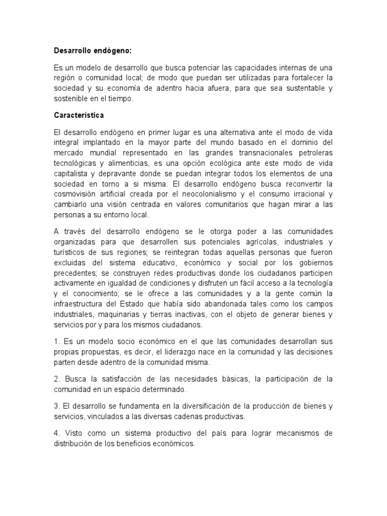Desarrollo Endógeno Es Un Modelo de Desarrollo Que Busca Potenciar Las ...