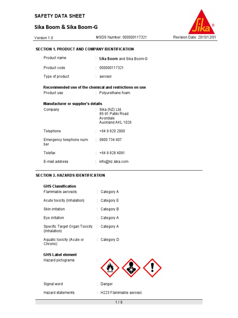Sika Boom, Sika Boom-G - MSDS | Download Free PDF | Toxicity | Chemistry